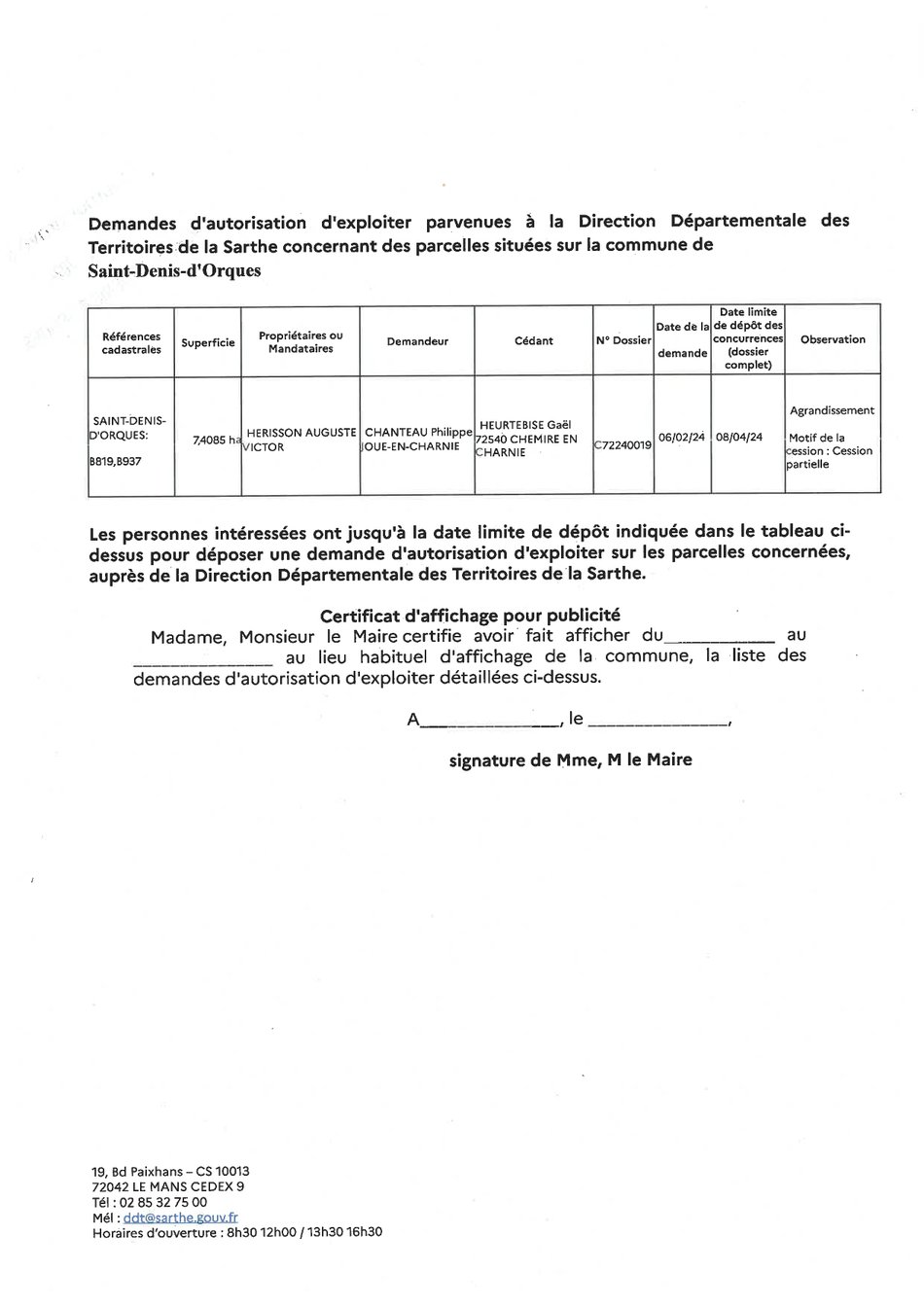 AUTORISATION D'EXPLOITER - TERRES AGRICOLES -7 hectares - Saint-Denis-d ...