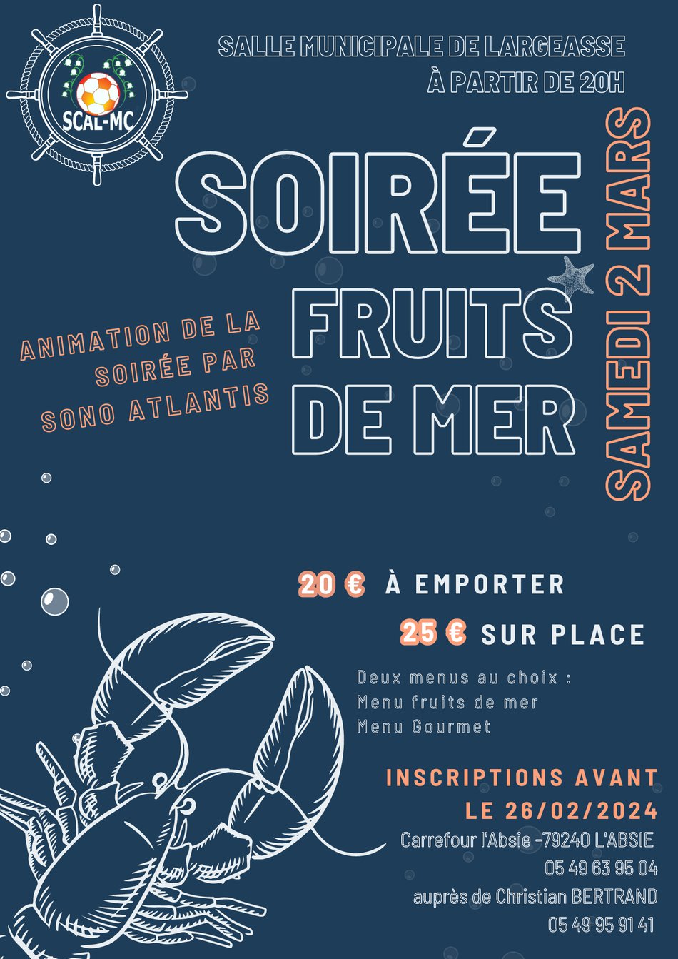 SOIREE FRUITS DE MER 🐚🦀🦐 DU SCAL MC 🥅⚽ LE 2 MARS - L'Absie